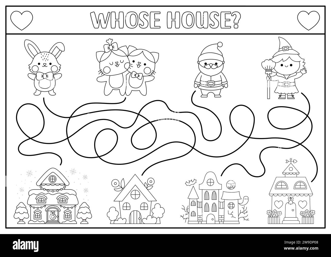 Holiday black and white maze for kids. Line activity with kawaii Santa ...