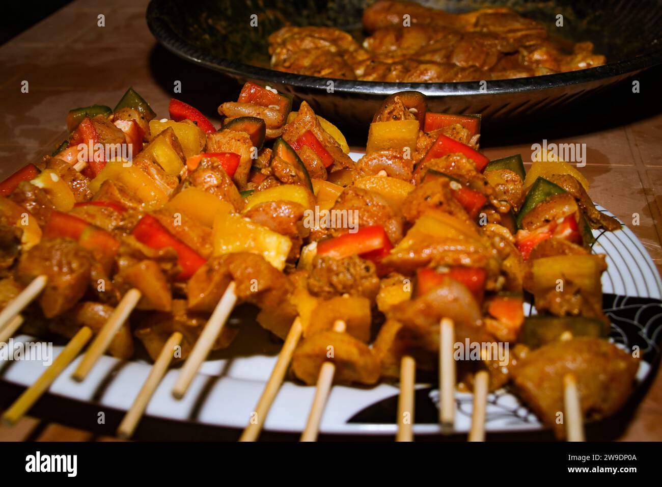 Yummy barbecue have a good meal. Cooking a group of Brochettes on a ...