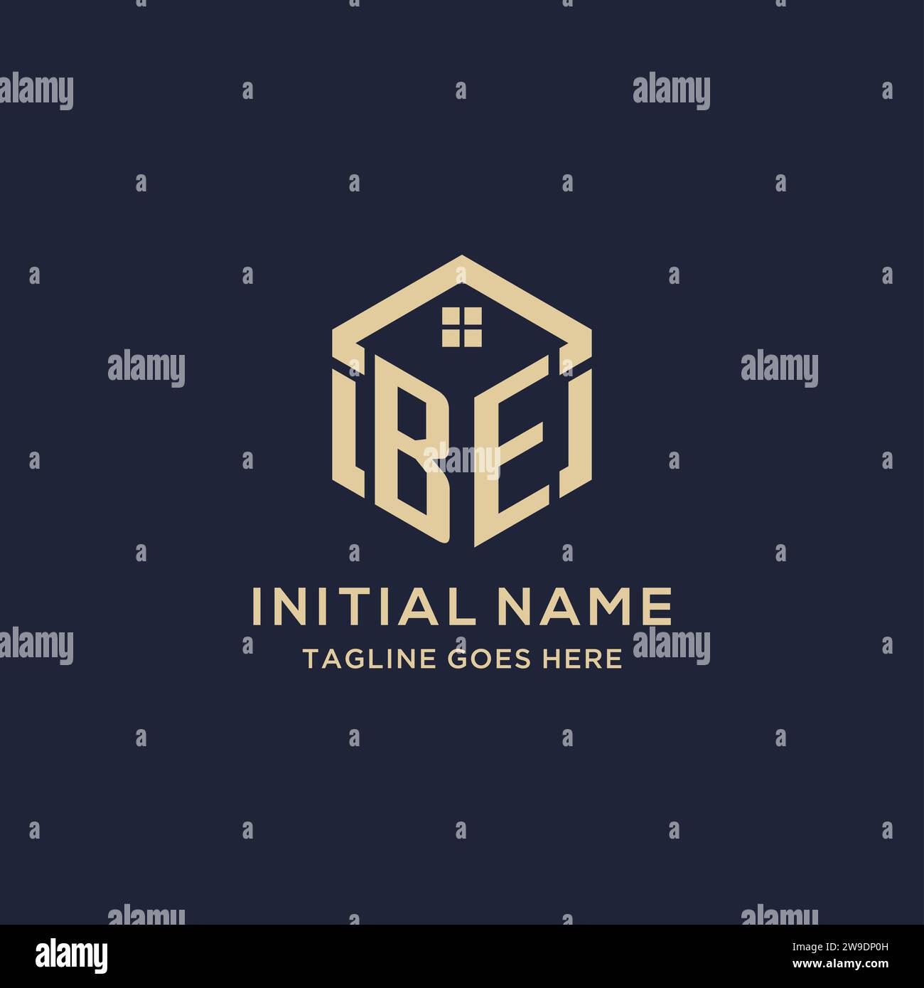 Initials BE logo with abstract home roof hexagon shape, simple and ...