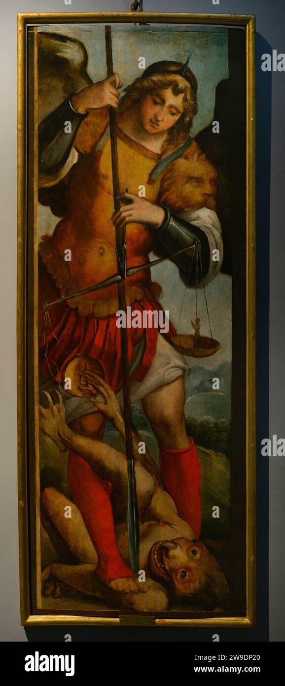 Saint Michael the Archangel. Oil on panel by a Cremonese painter, 1525-1530. Museo Civico Ala ...