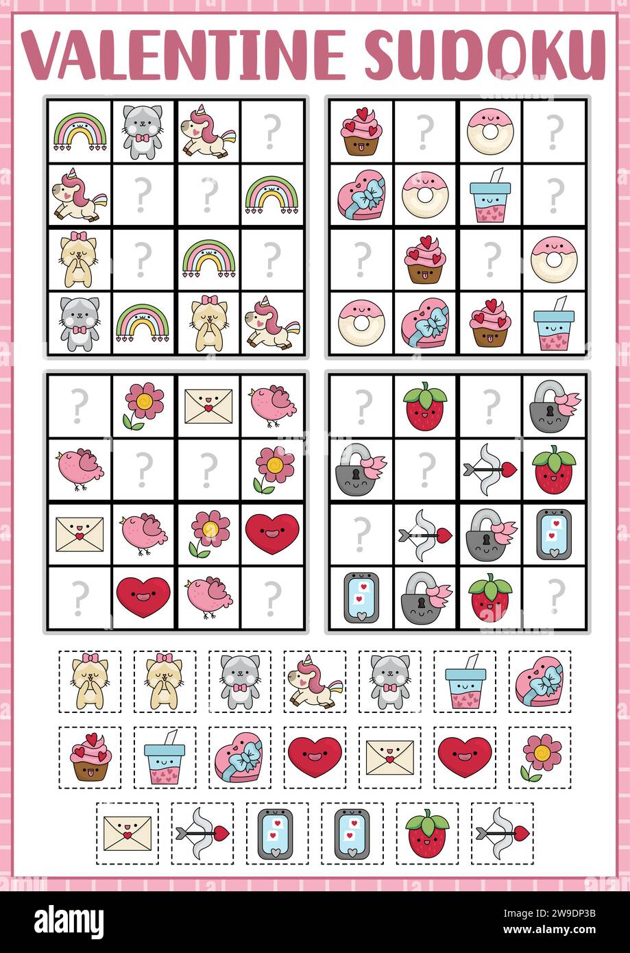Vector kawaii Saint Valentine sudoku puzzle for kids with pictures ...