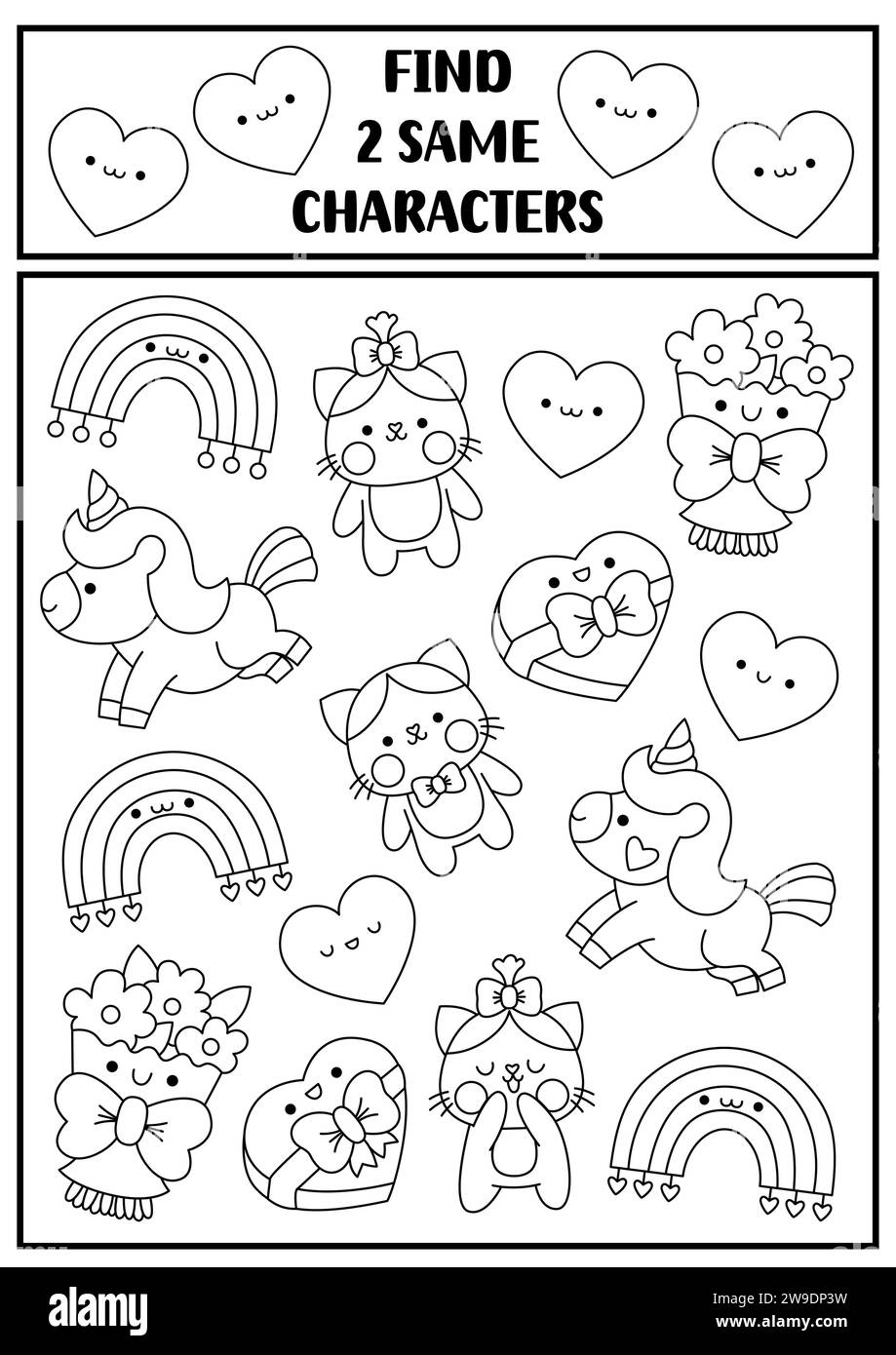 Find two same characters. Saint Valentine kawaii black and white ...