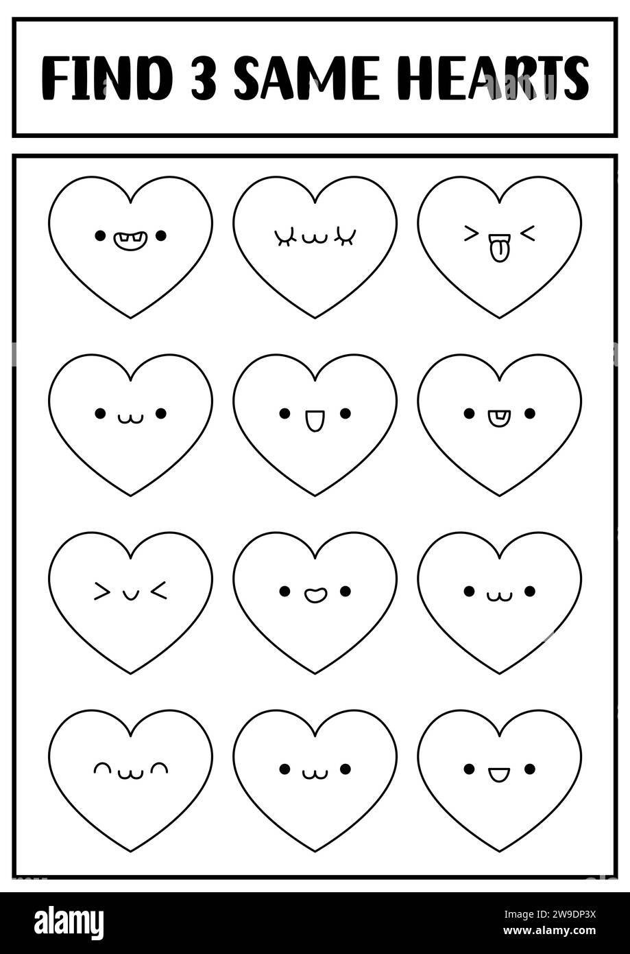 Find two same hearts. Saint Valentine kawaii black and white matching ...