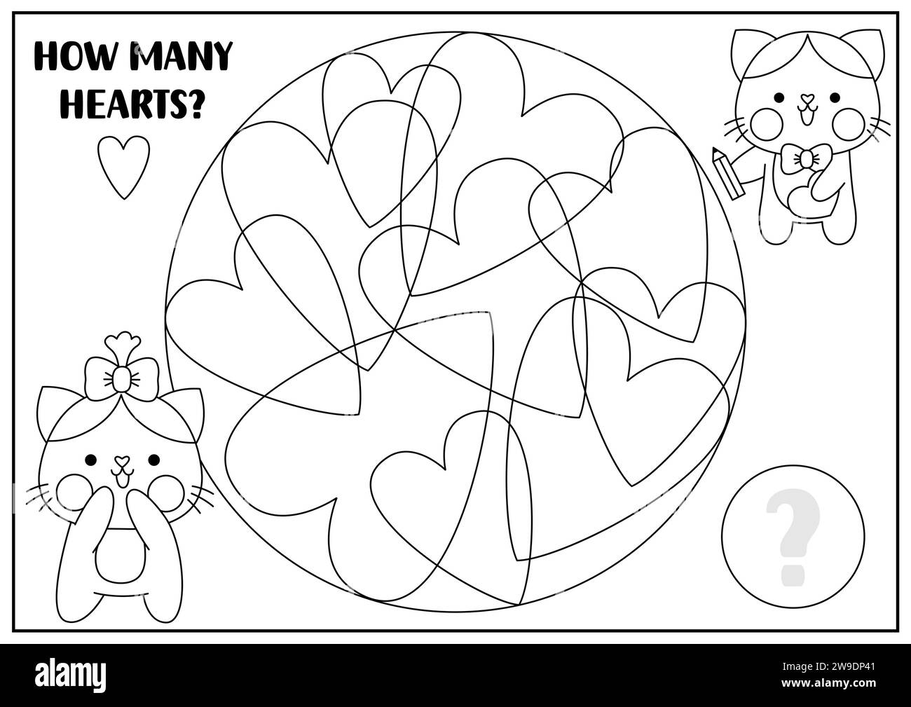 Saint Valentine black and white counting game with cute kawaii cats and ...