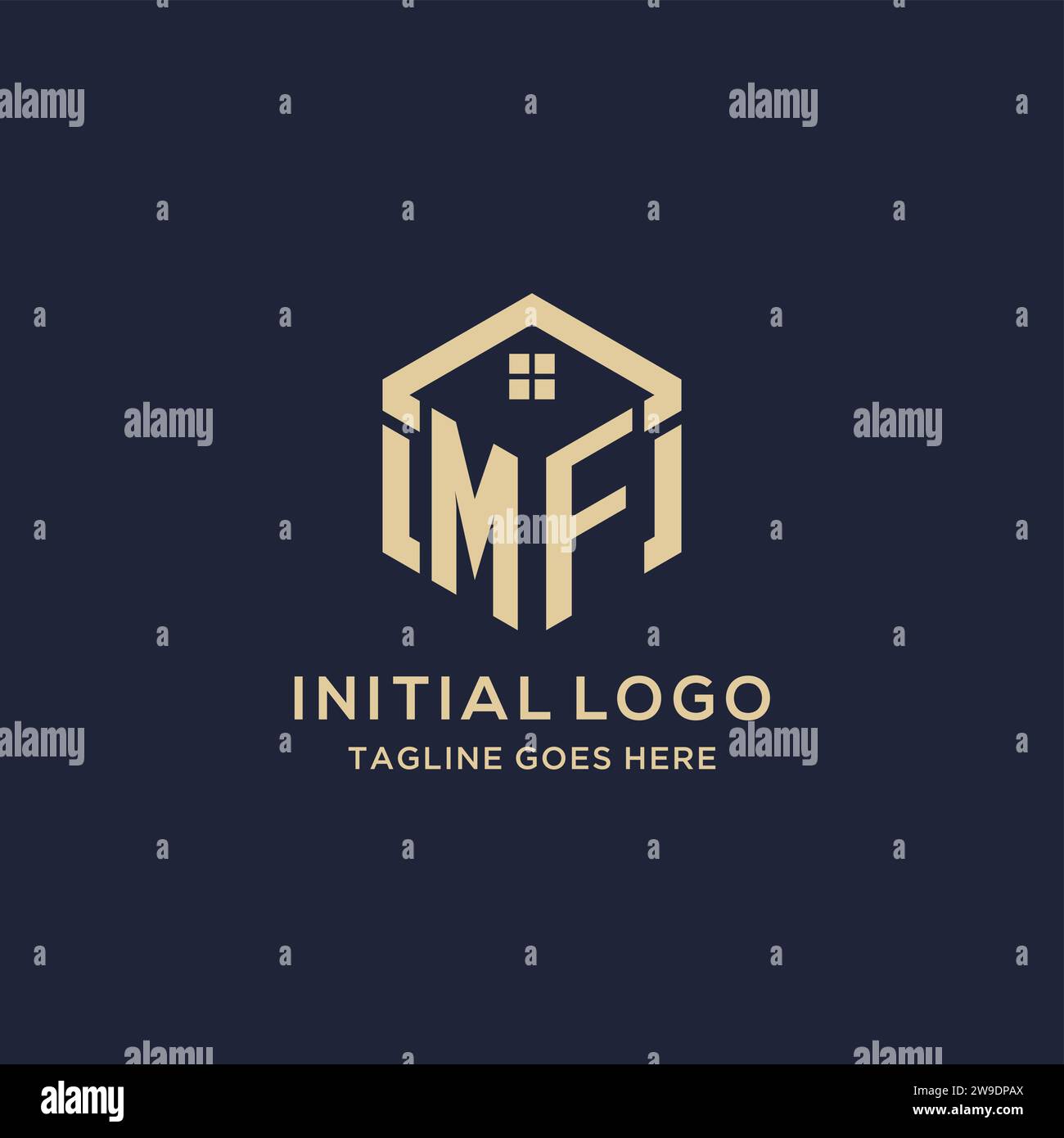 Initials MF logo with abstract home roof hexagon shape, simple and ...