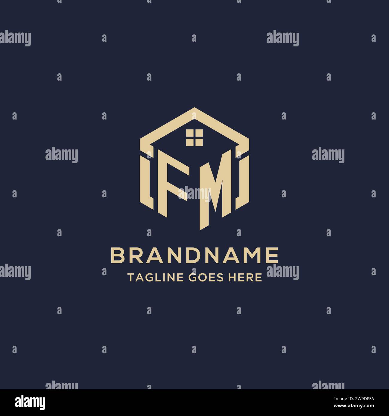 Initials FM logo with abstract home roof hexagon shape, simple and ...