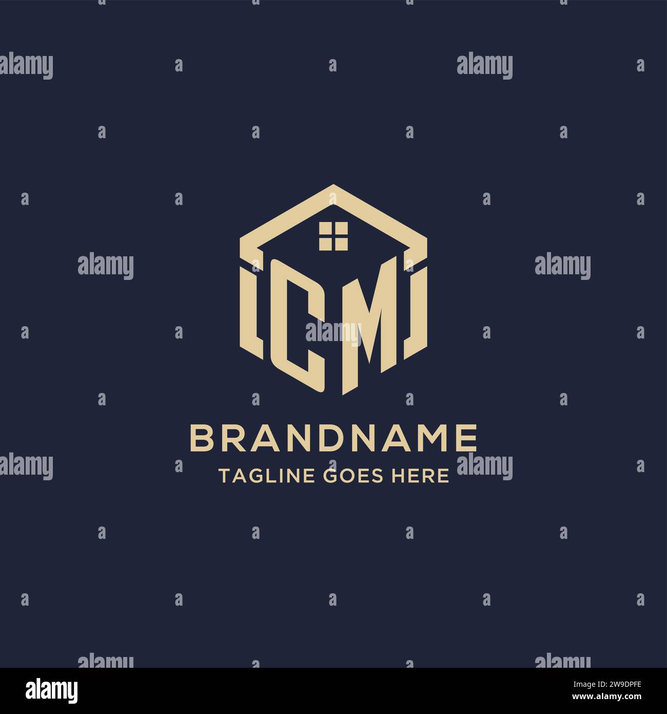 Initials CM logo with abstract home roof hexagon shape, simple and ...