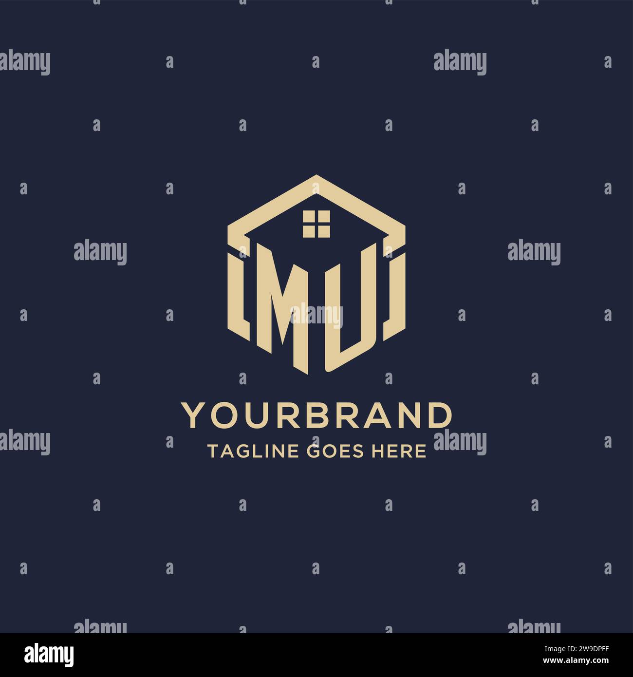 Initials MU logo with abstract home roof hexagon shape, simple and ...