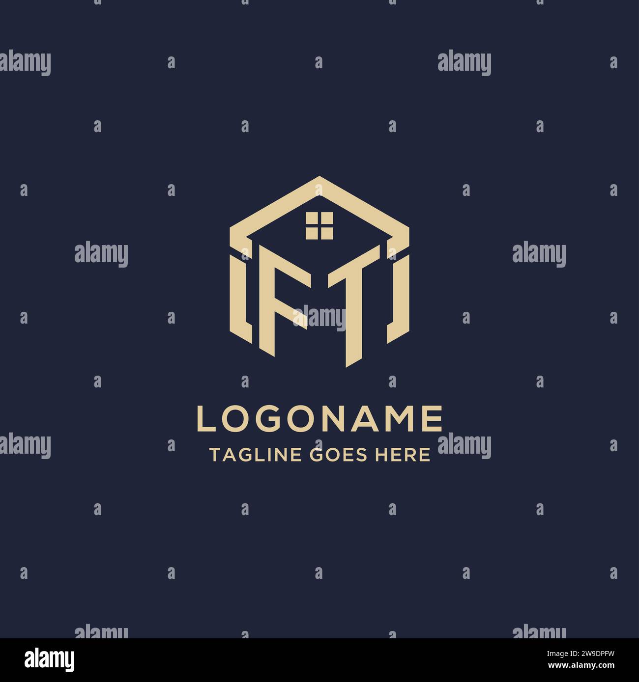 Initials FT logo with abstract home roof hexagon shape, simple and ...