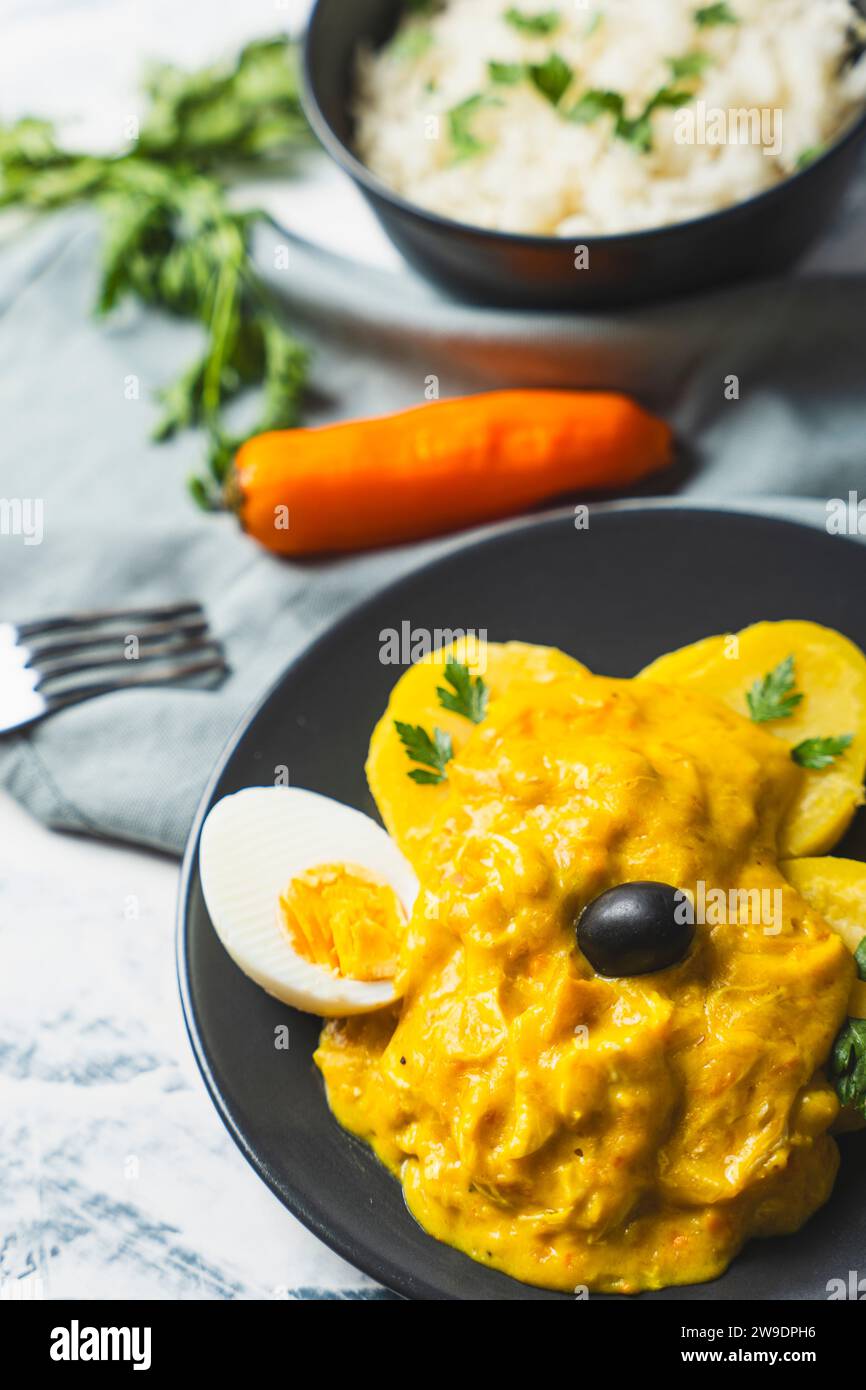 Traditional dish called aji de gallina with a portion of rice ...