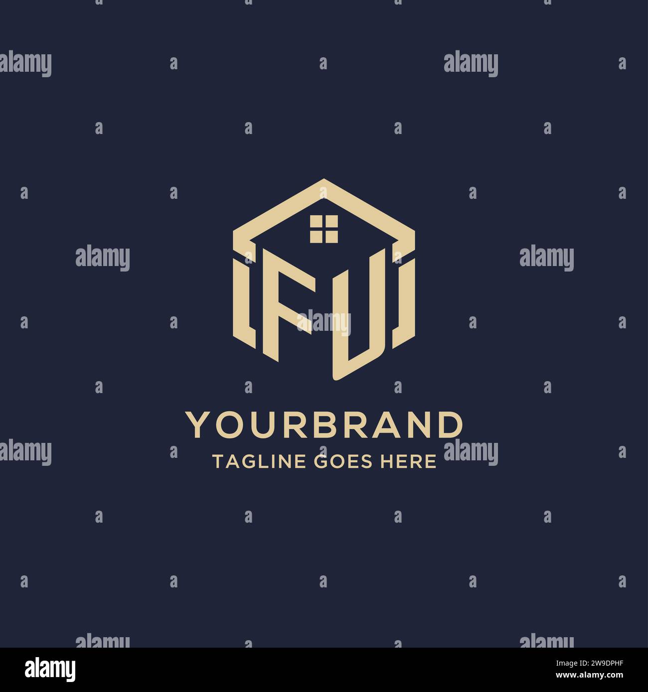 Initials FU logo with abstract home roof hexagon shape, simple and ...