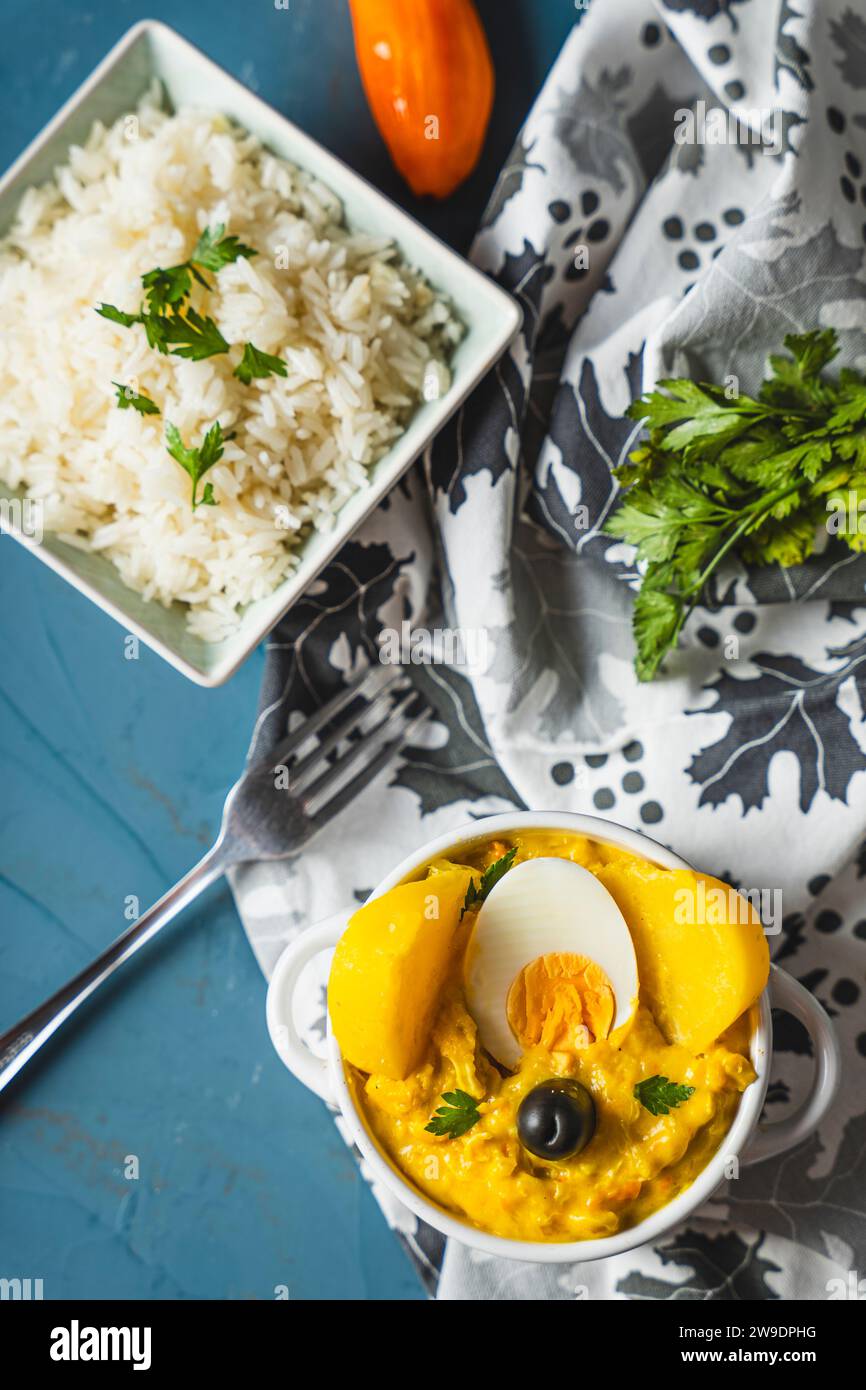 Traditional dish seen from above, called aji de gallina with a portion ...