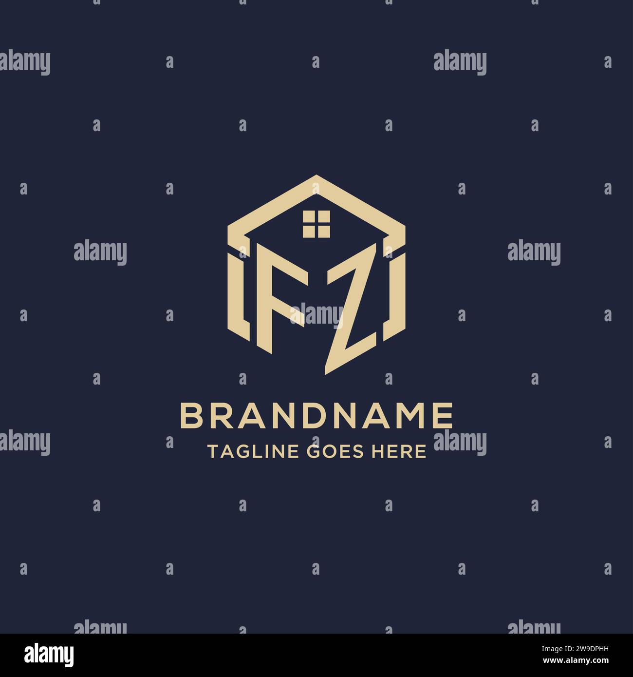 Initials FZ logo with abstract home roof hexagon shape, simple and ...