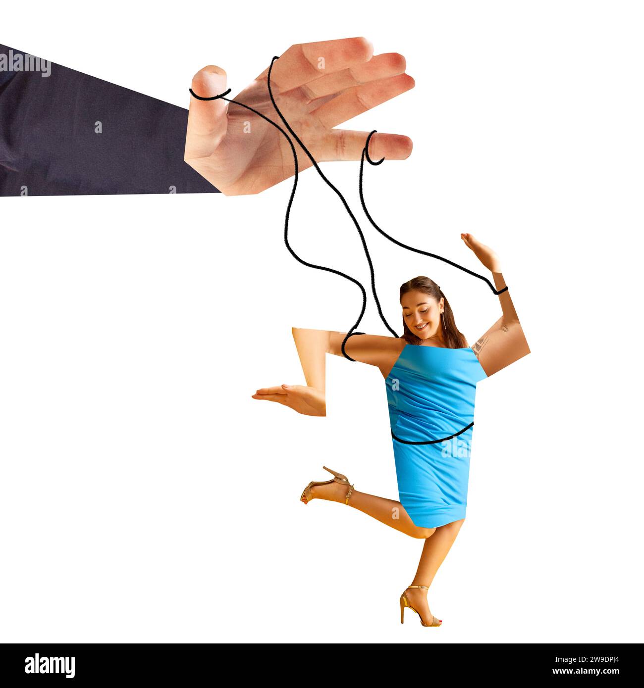 Male hand holing young woman on strings like puppet. Conceptual design ...