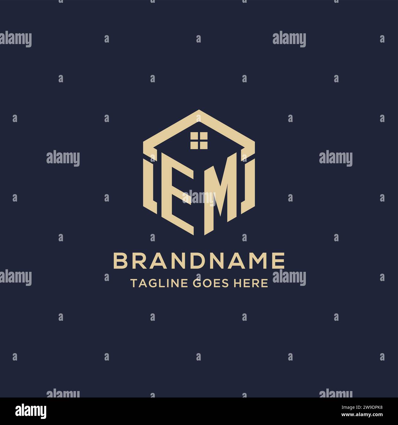 Initials EM logo with abstract home roof hexagon shape, simple and ...