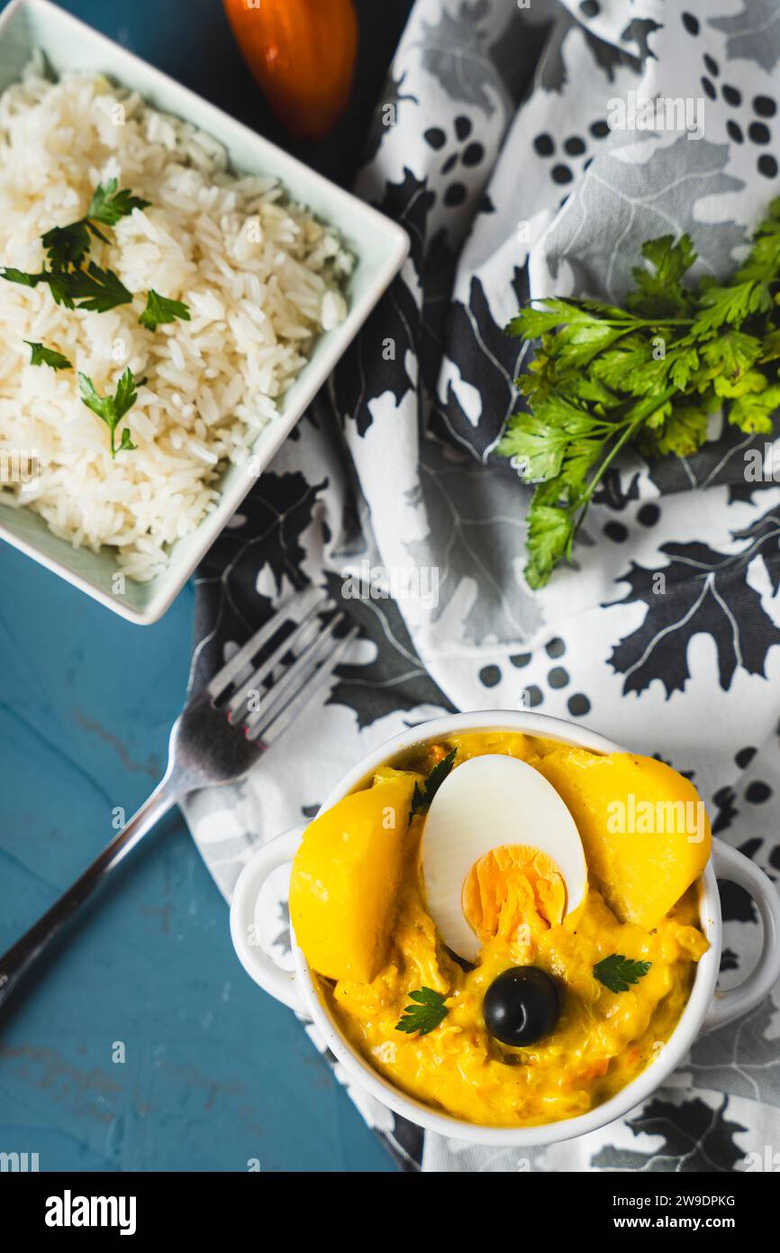 Traditional dish seen from above, called aji de gallina with a portion ...