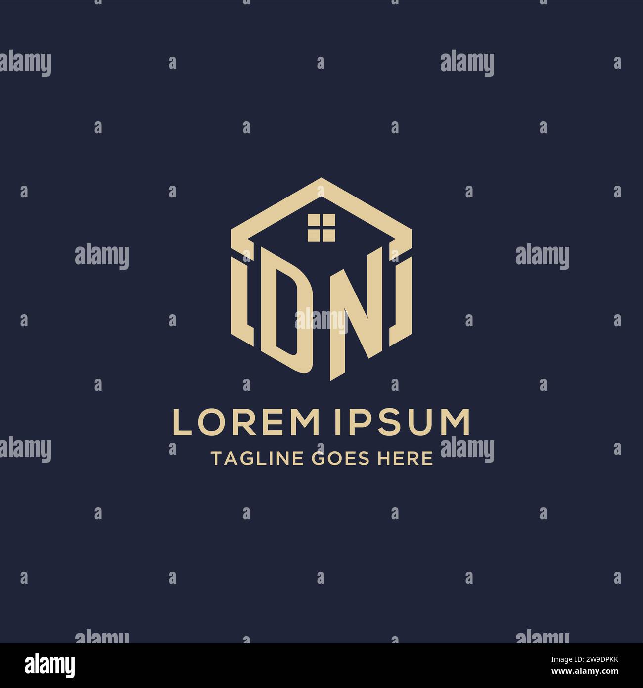 Initials DN logo with abstract home roof hexagon shape, simple and ...