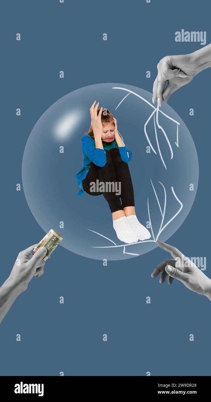 Young woman sitting in stress, fear and despair in bulb with human ...