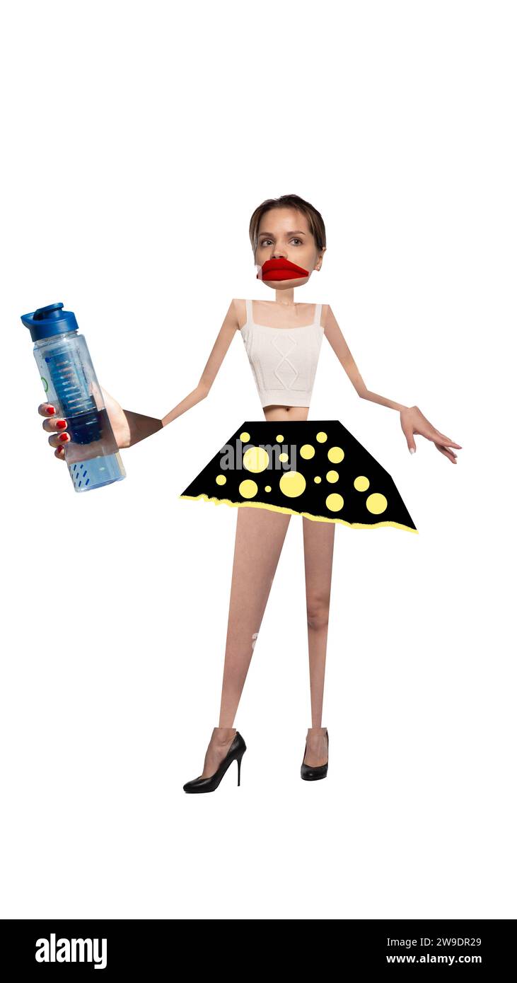 Woman with very slim figure holding bottle of water. Social pressures ...