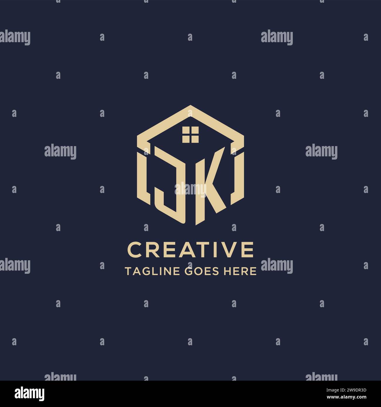 Initials JK logo with abstract home roof hexagon shape, simple and ...