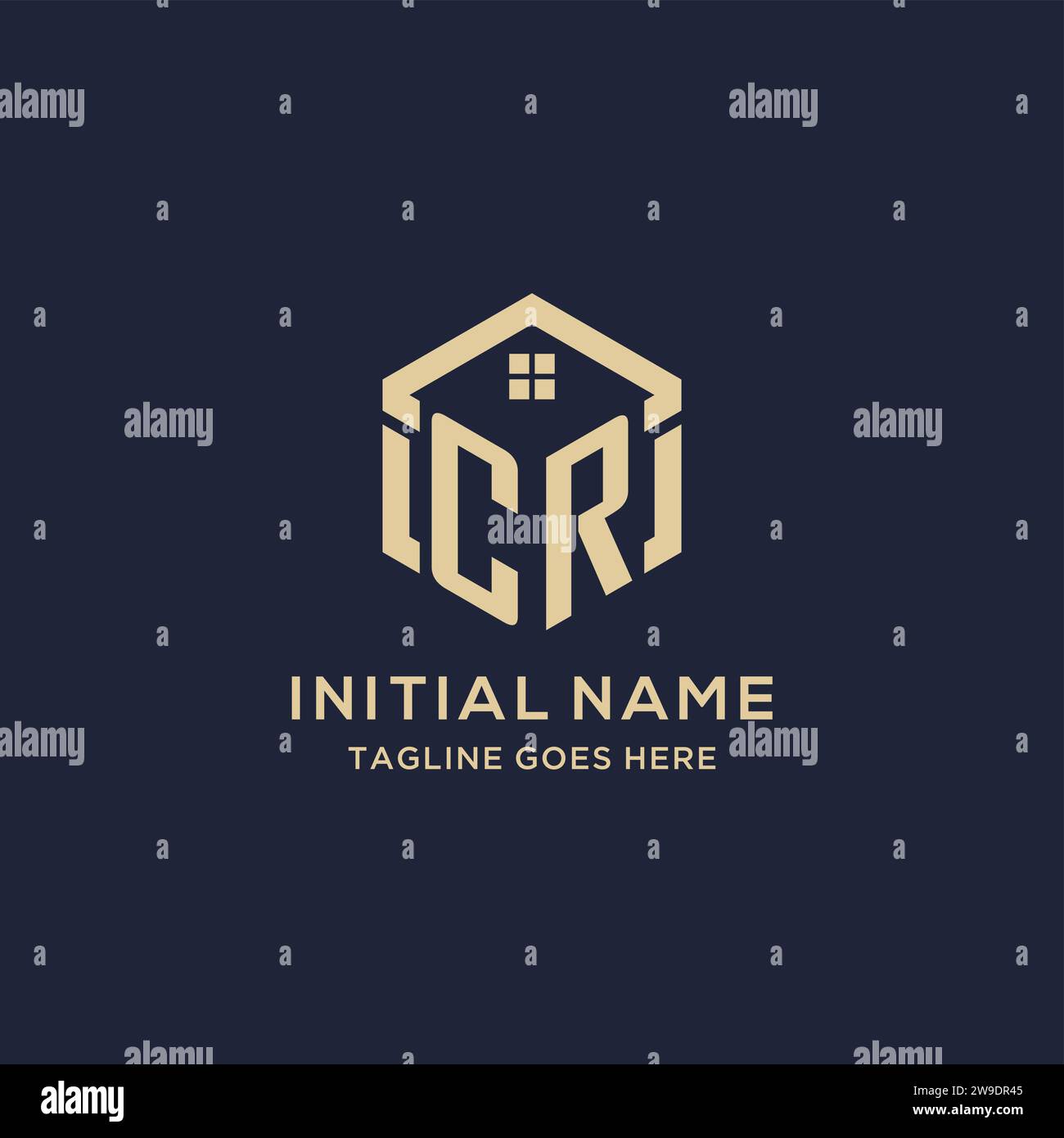 Initials CR logo with abstract home roof hexagon shape, simple and ...