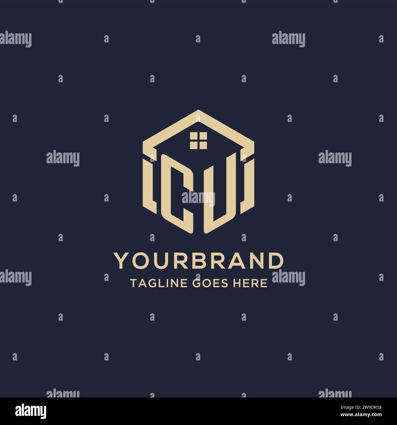 Initials CU logo with abstract home roof hexagon shape, simple and ...