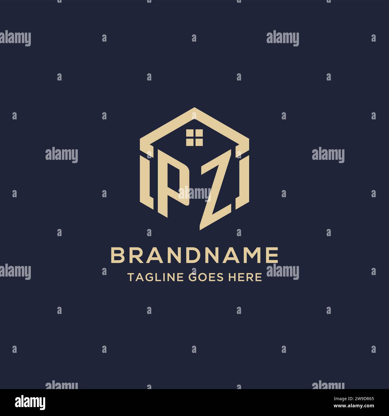 Initials PZ logo with abstract home roof hexagon shape, simple and ...