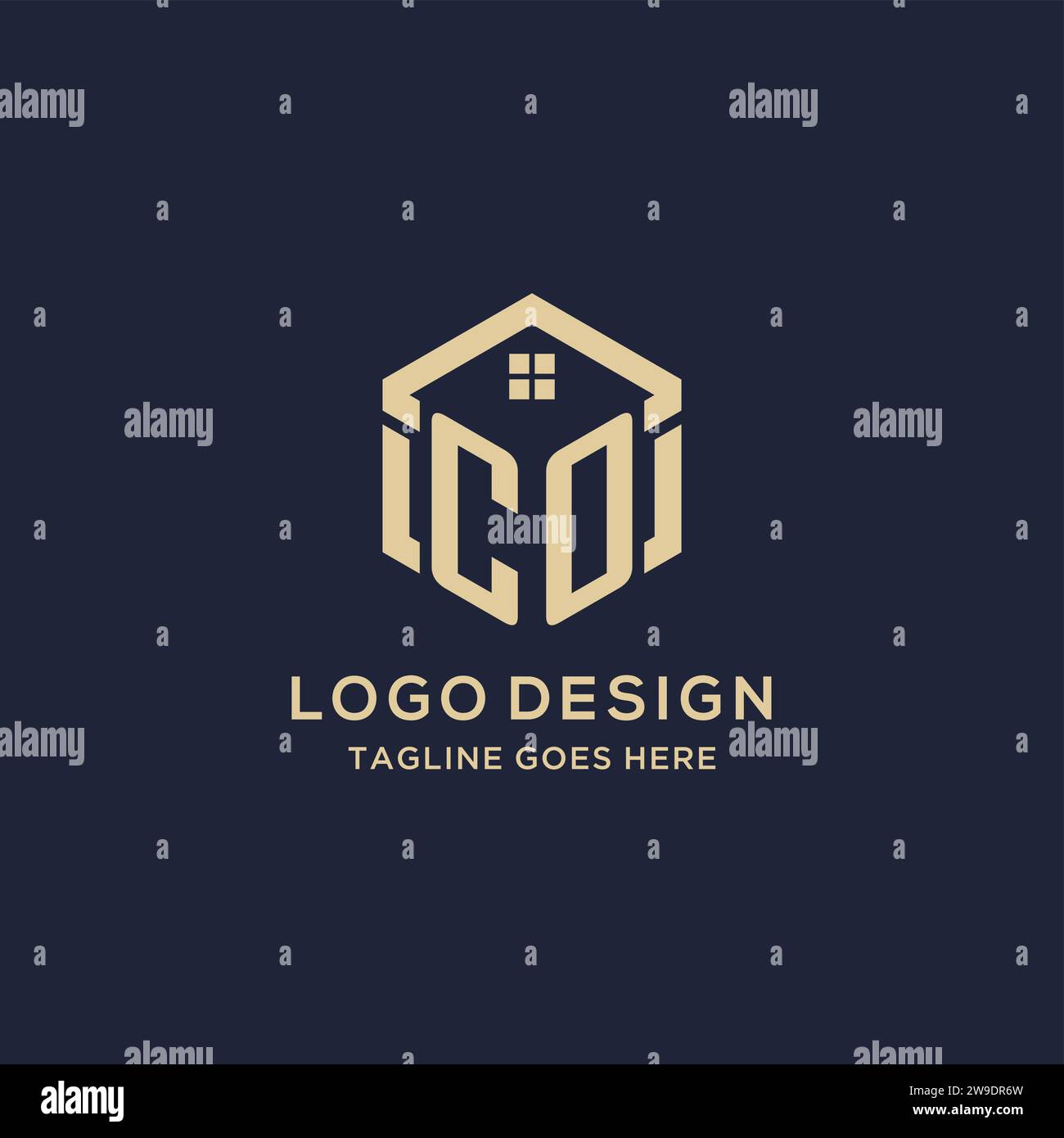 Initials CO logo with abstract home roof hexagon shape, simple and ...