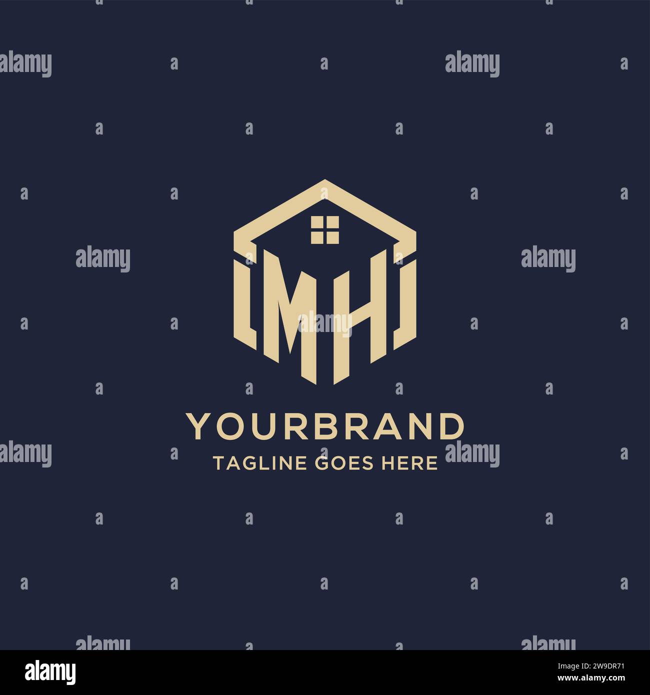 Initials MH logo with abstract home roof hexagon shape, simple and ...