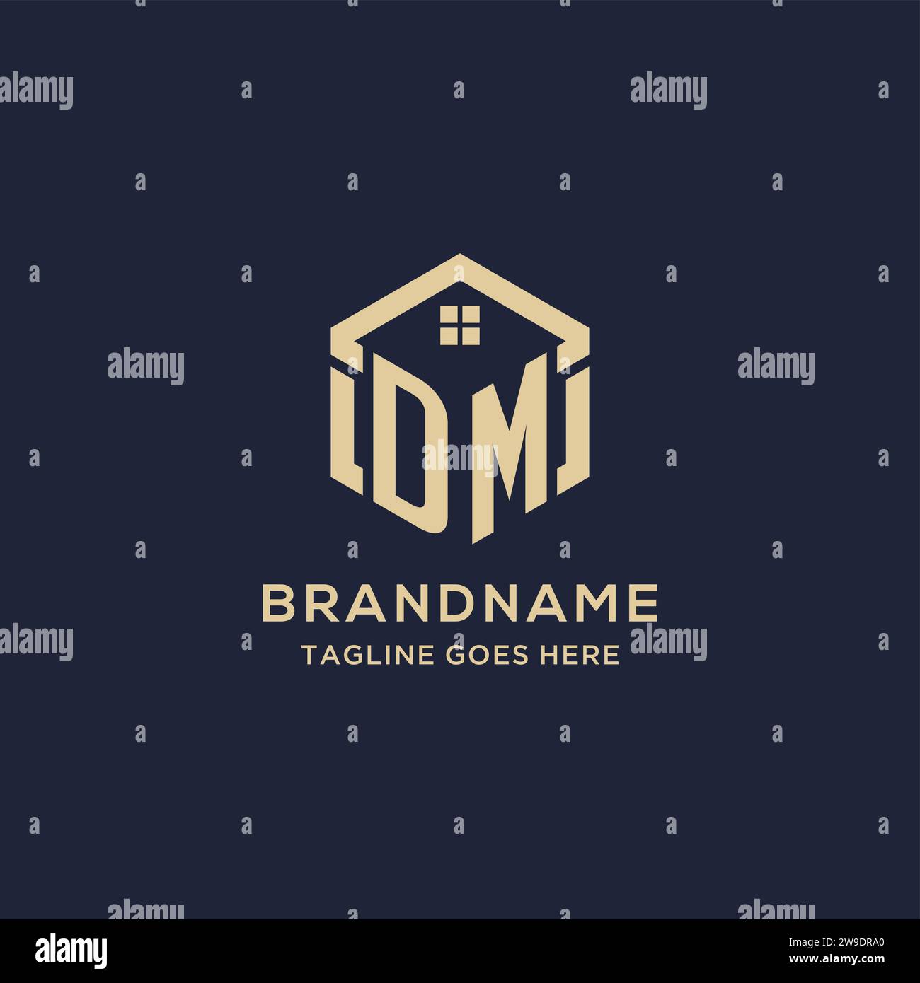 Initials DM logo with abstract home roof hexagon shape, simple and ...