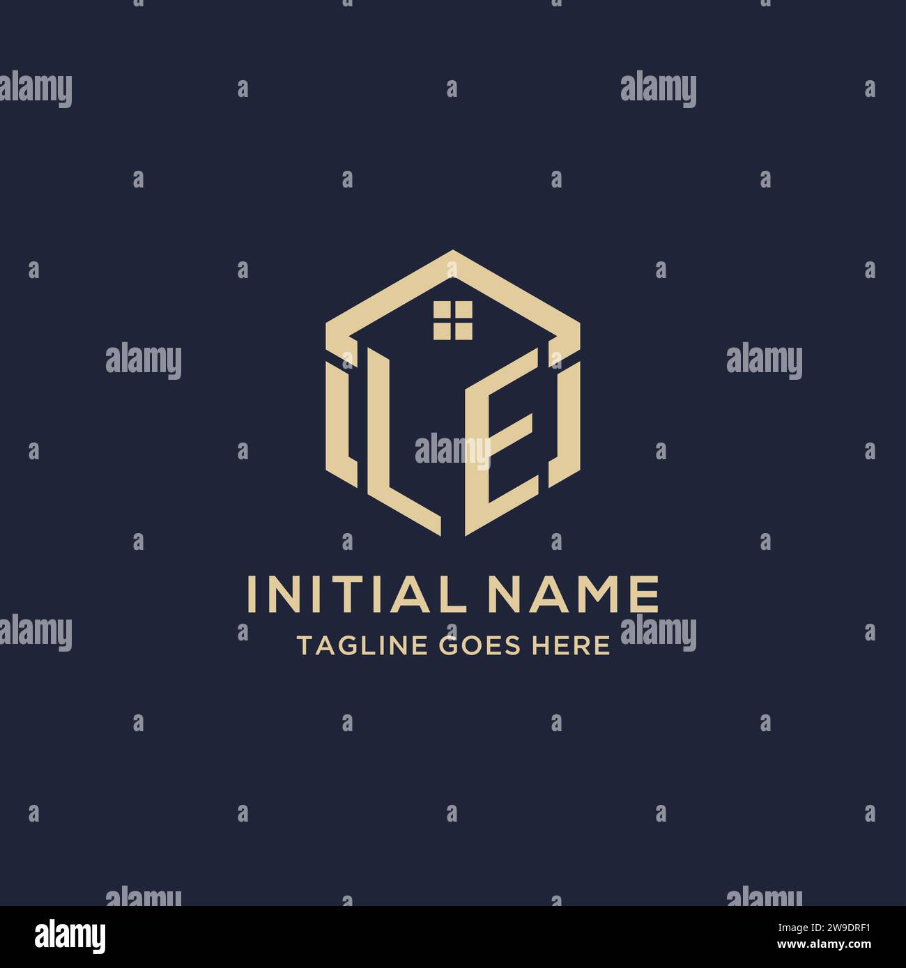 Initials LE logo with abstract home roof hexagon shape, simple and ...