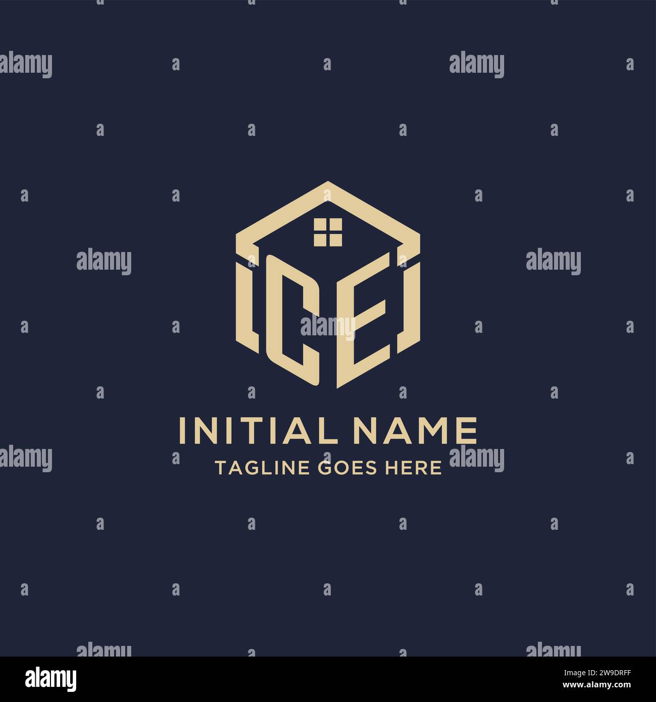 Initials CE logo with abstract home roof hexagon shape, simple and ...
