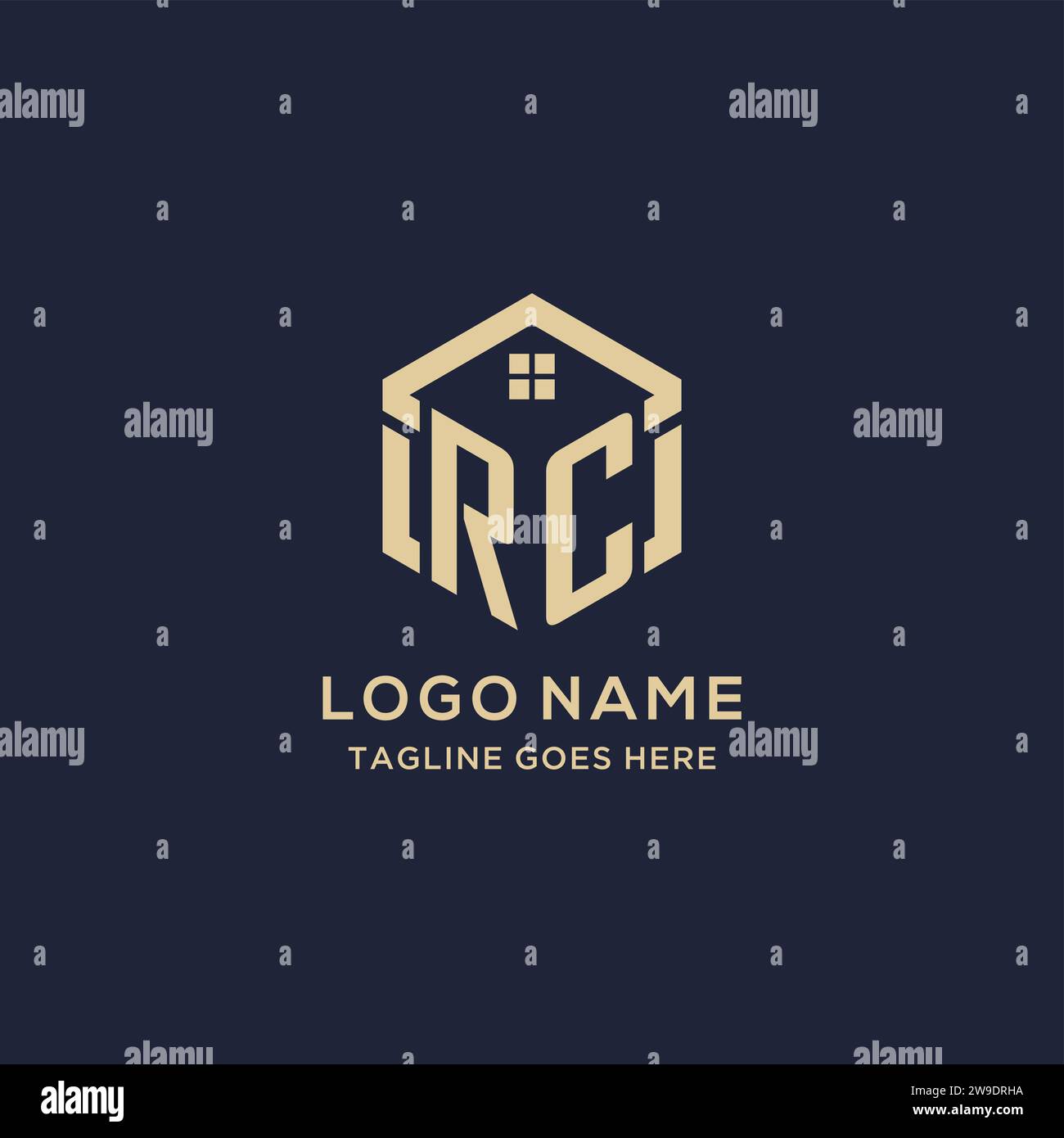 Initials RC logo with abstract home roof hexagon shape, simple and ...