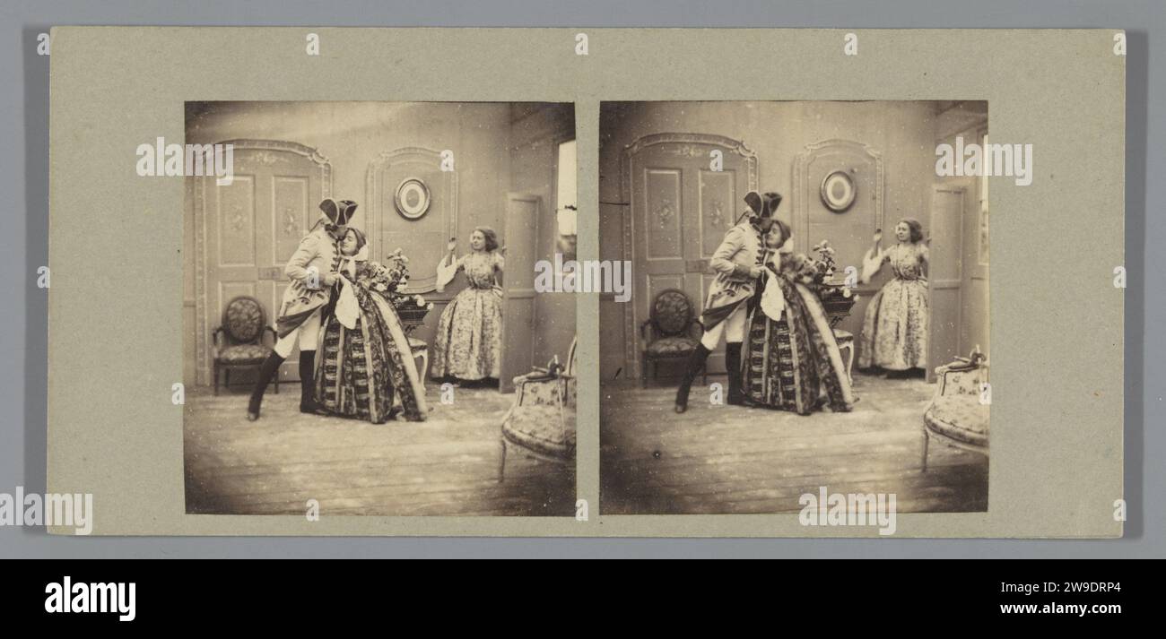 Scene in interior with a romantic couple in historic clothing, a second woman enters the room ...