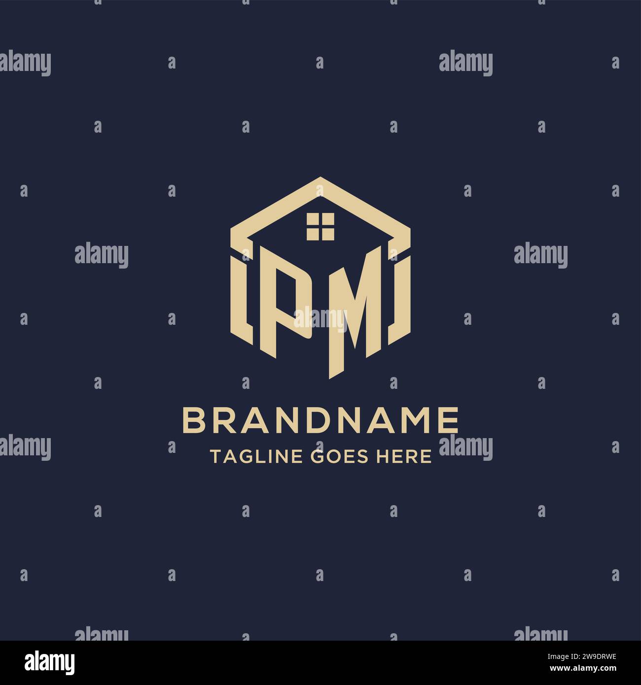 Initials PM logo with abstract home roof hexagon shape, simple and ...