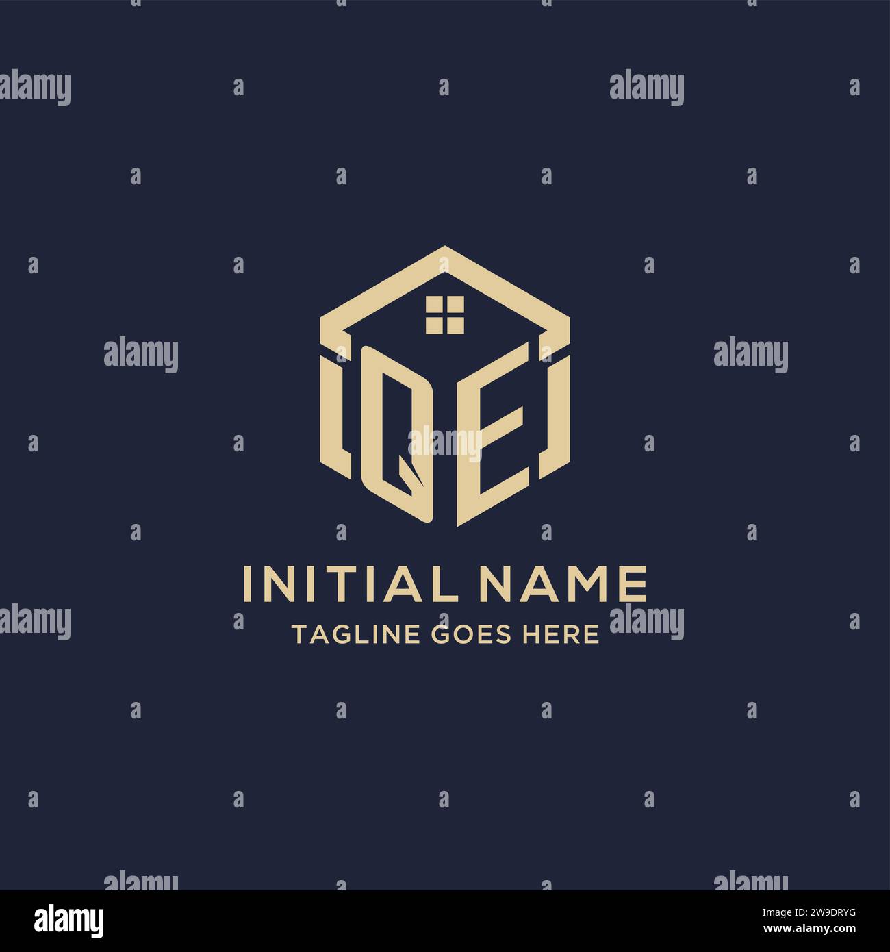Initials QE logo with abstract home roof hexagon shape, simple and ...