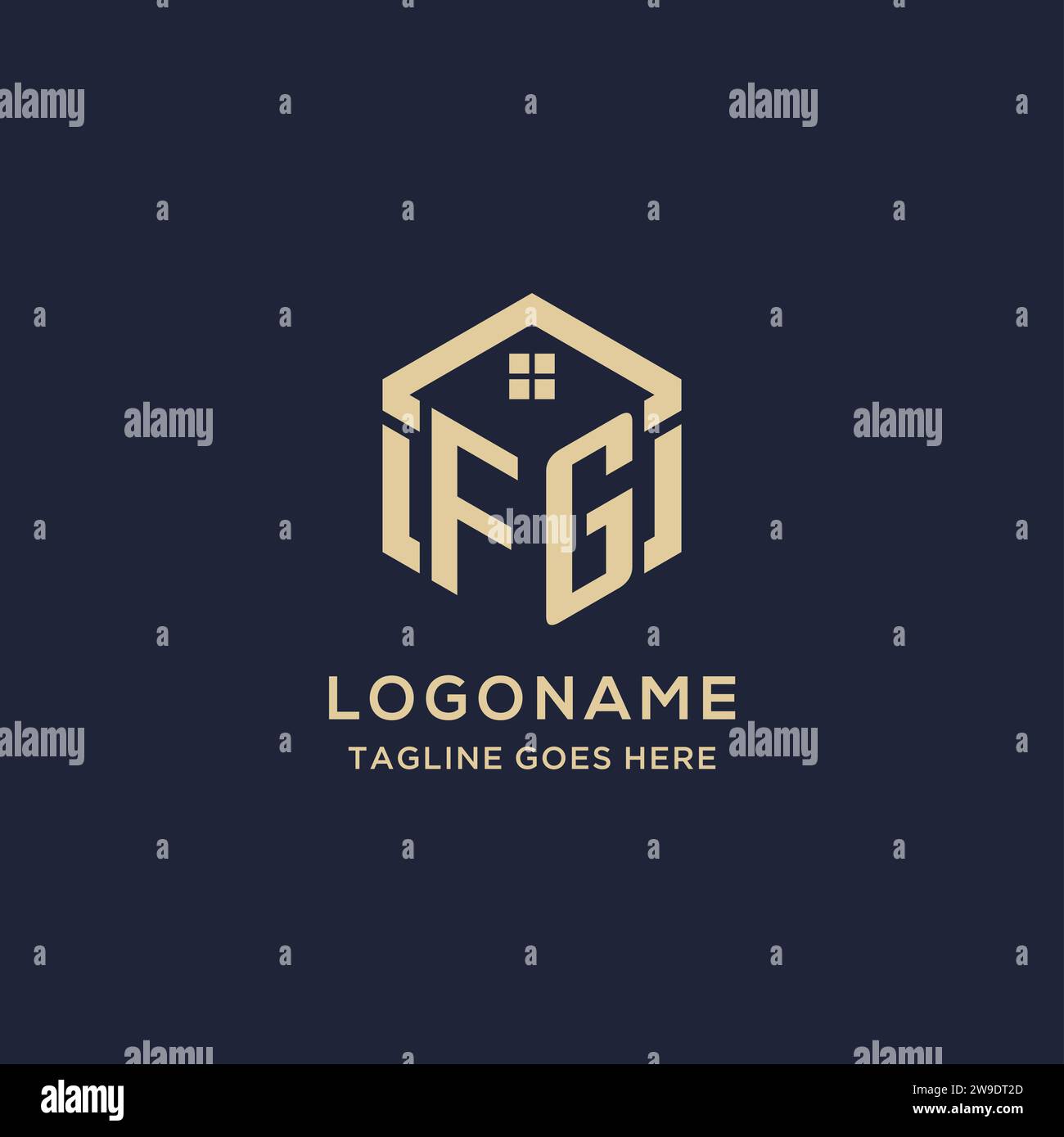 Initials FG logo with abstract home roof hexagon shape, simple and ...