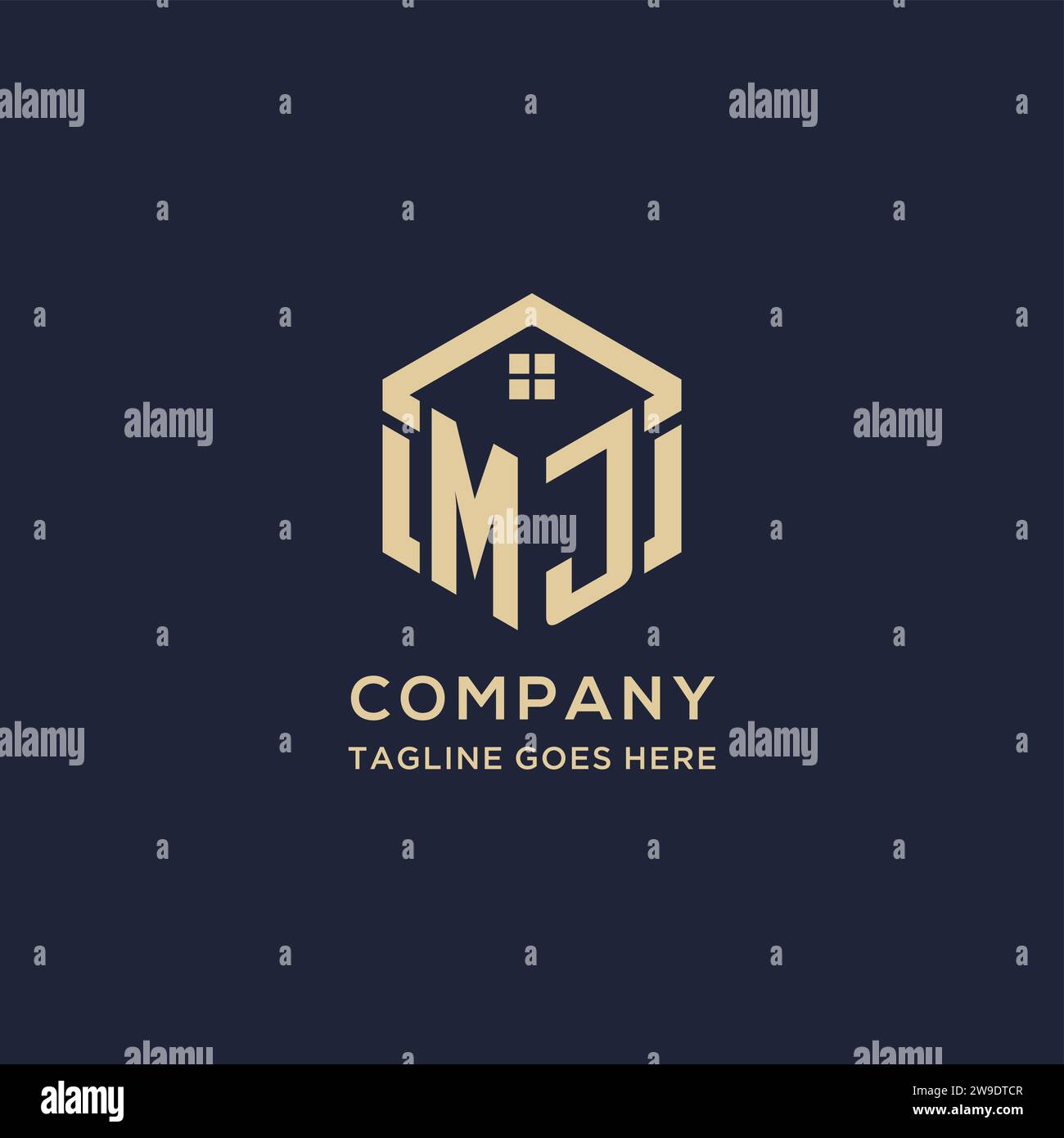 Initials MJ logo with abstract home roof hexagon shape, simple and ...