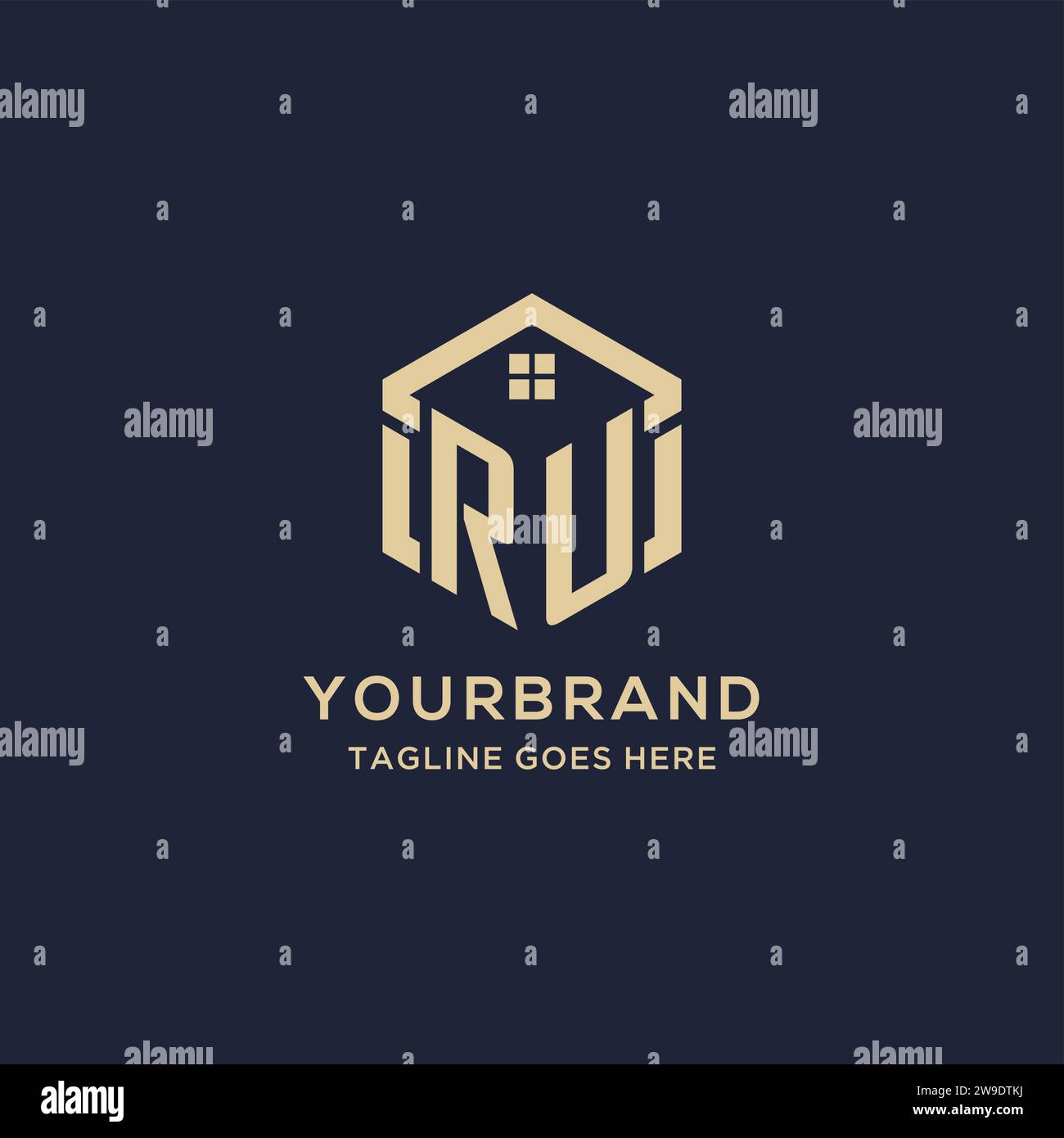 Initials RU logo with abstract home roof hexagon shape, simple and ...