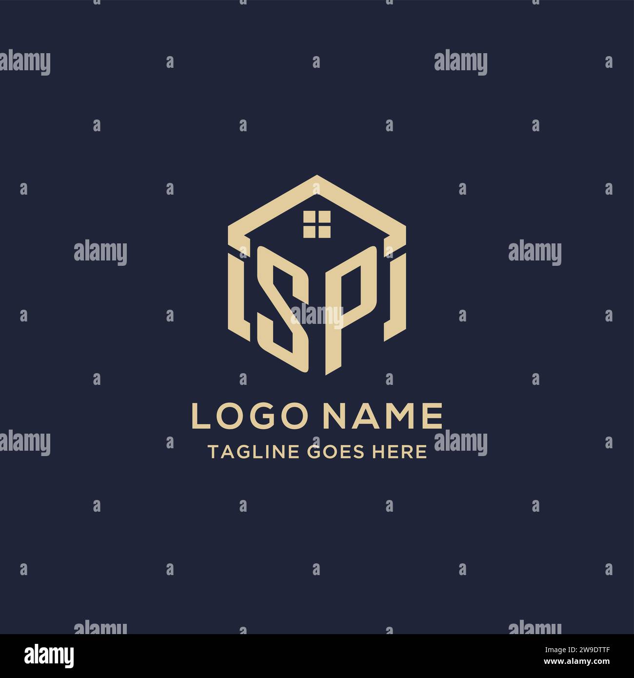 Initials SP logo with abstract home roof hexagon shape, simple and ...