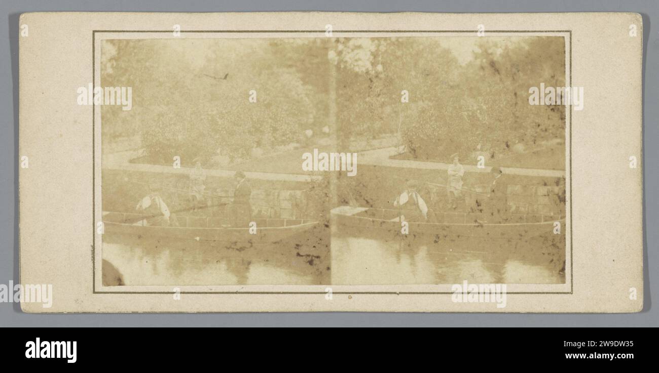 Two men fishing from a boat, a woman watches from the quay, 1857 - 1863 stereograph paper ...