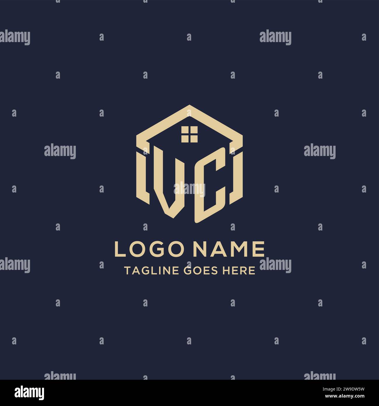Initials VC logo with abstract home roof hexagon shape, simple and ...