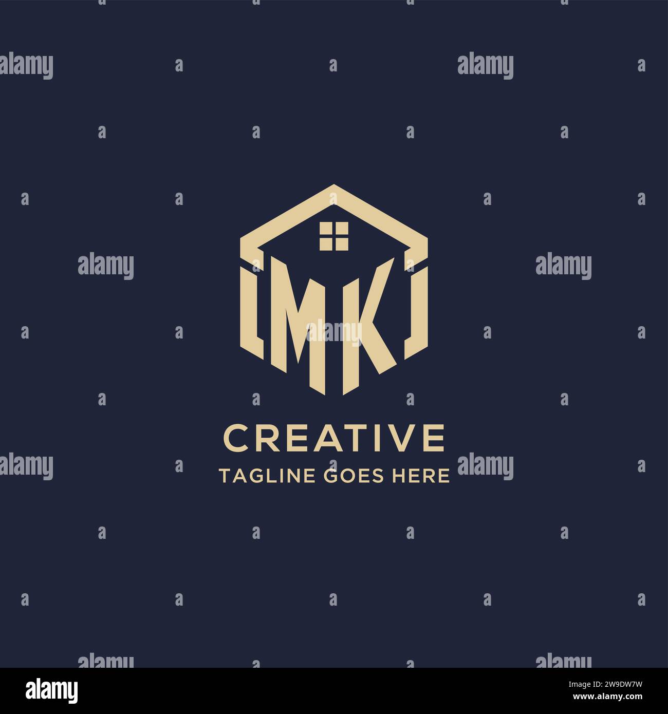 Initials MK logo with abstract home roof hexagon shape, simple and ...