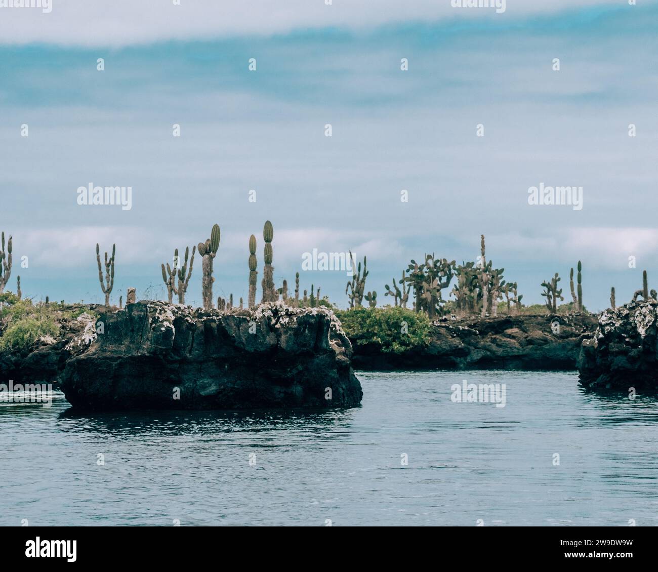 Calm waters surrounded by rocky formations and cacti at Los Tuneles ...