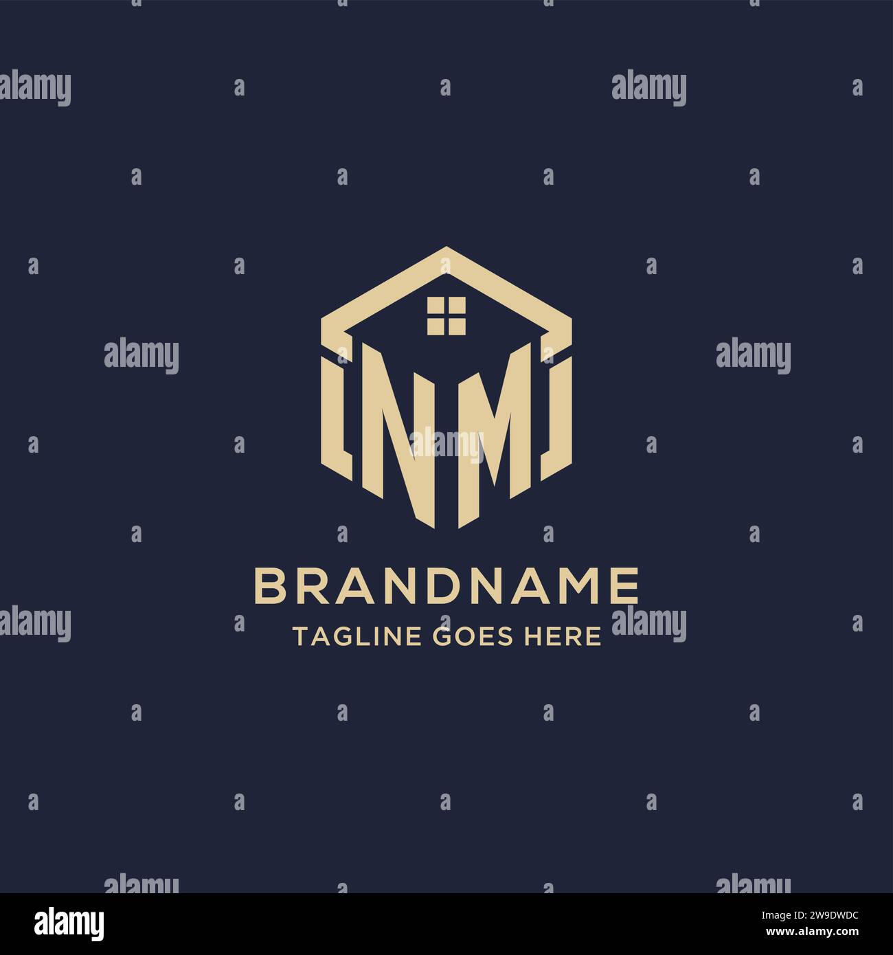 Initials NM logo with abstract home roof hexagon shape, simple and ...