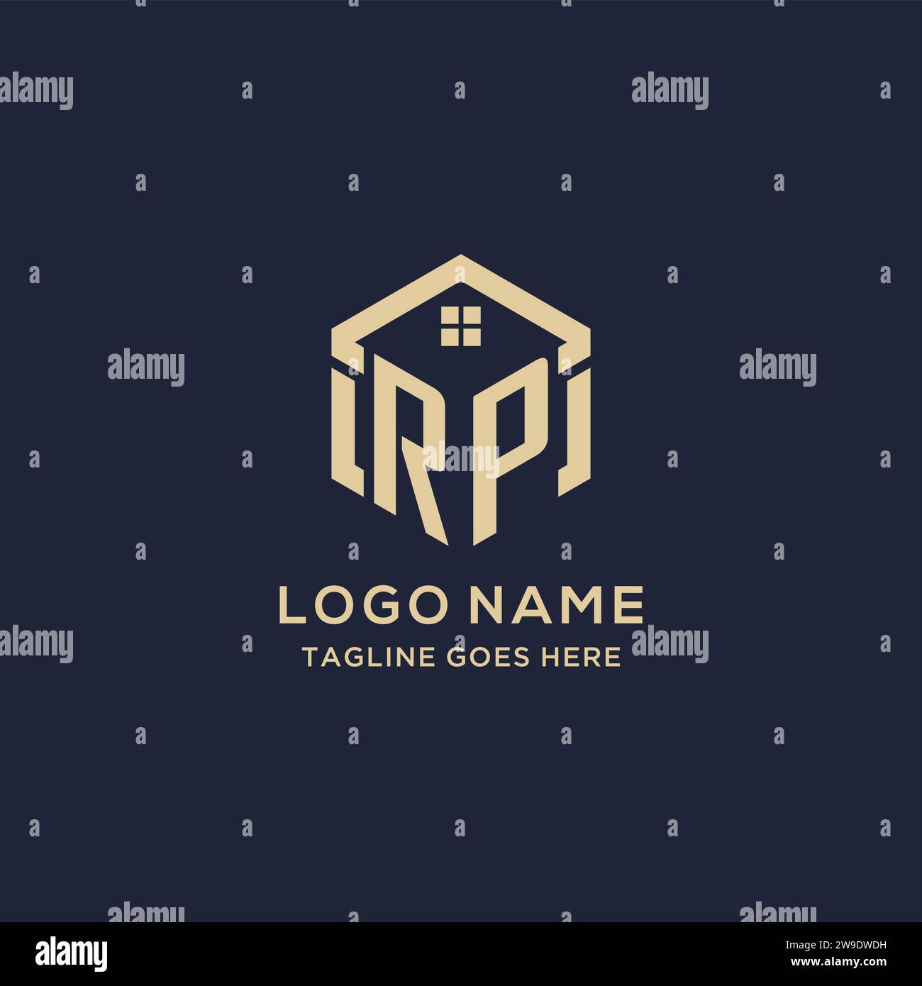 Initials RP logo with abstract home roof hexagon shape, simple and ...