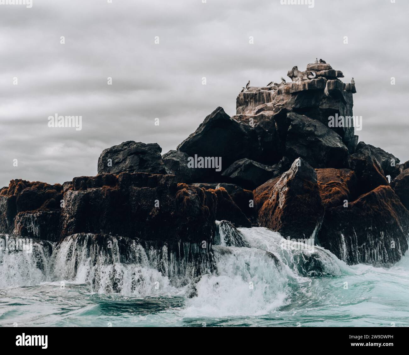 Rocky outcrop with seabirds and waves crashing at Los Tuneles, Isla ...