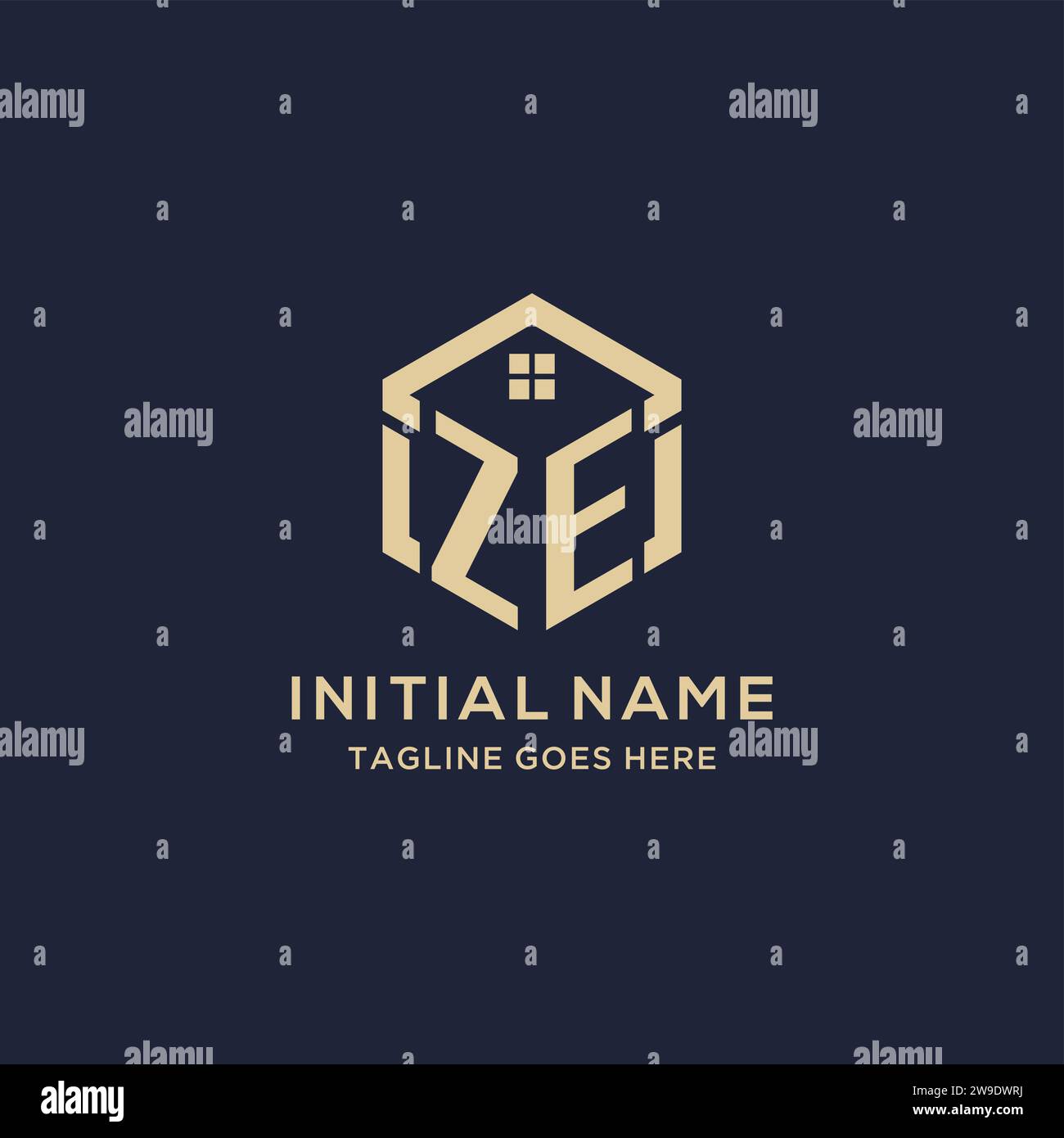 Initials ZE logo with abstract home roof hexagon shape, simple and modern real estate logo ...
