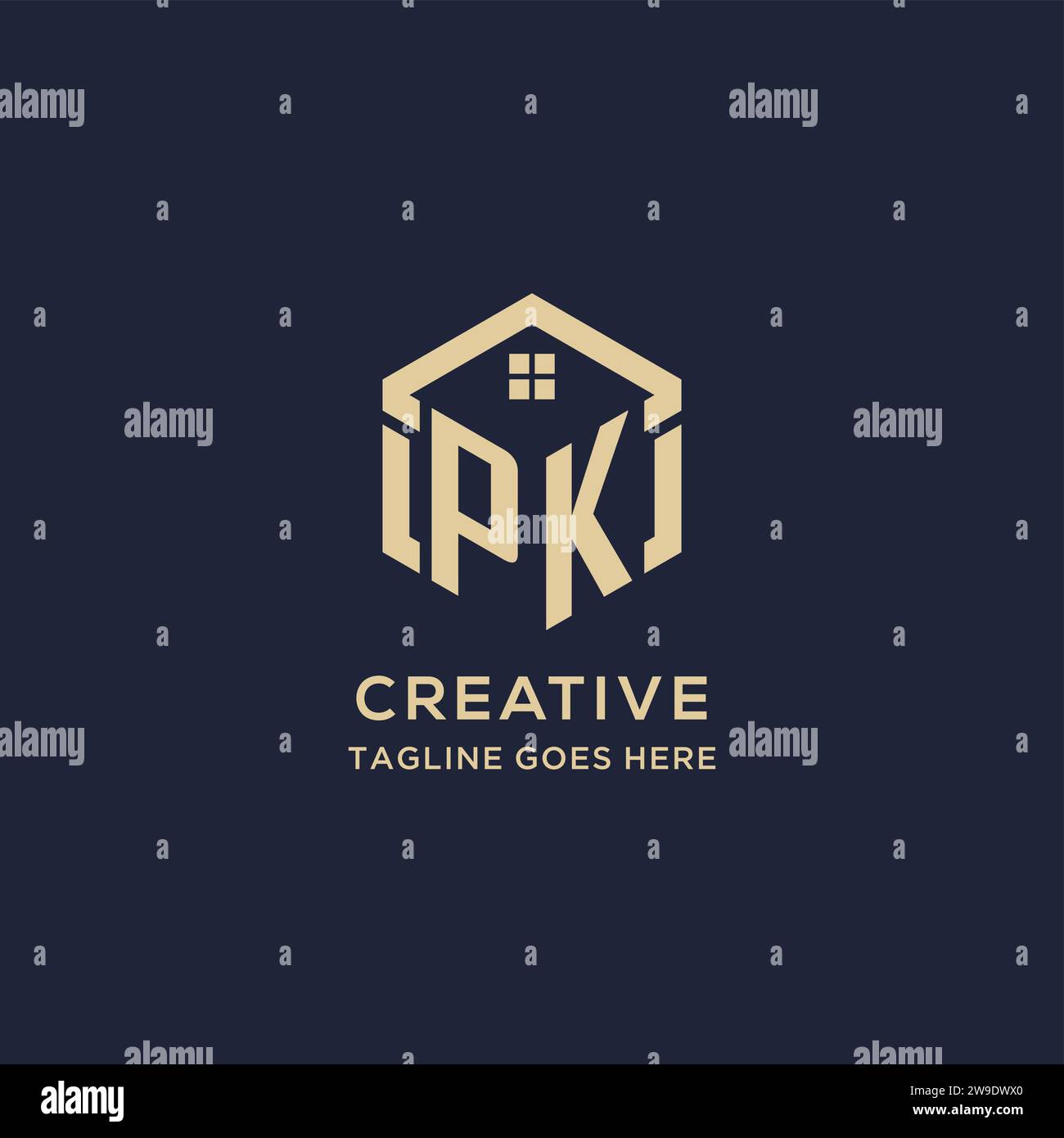Initials PK logo with abstract home roof hexagon shape, simple and ...