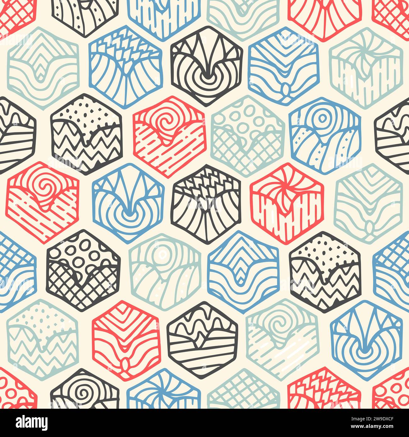 Hand drawn seamless pattern with doodle filled hexagons in mosaic order ...